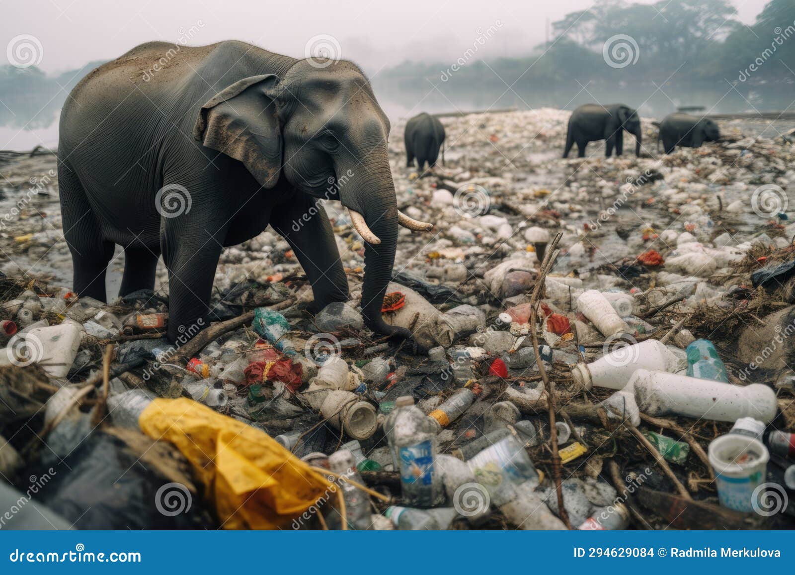 Elephants Navigating through the Mud Amidst Piles of Garbage in a ... Elephants Navigating through the Mud Amidst Piles of Garbage in a ...