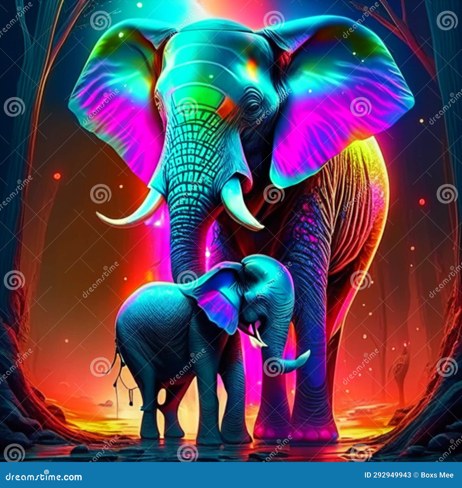 Elephants in Neon Light, 3d Rendering. Computer Digital Drawing Stock ...