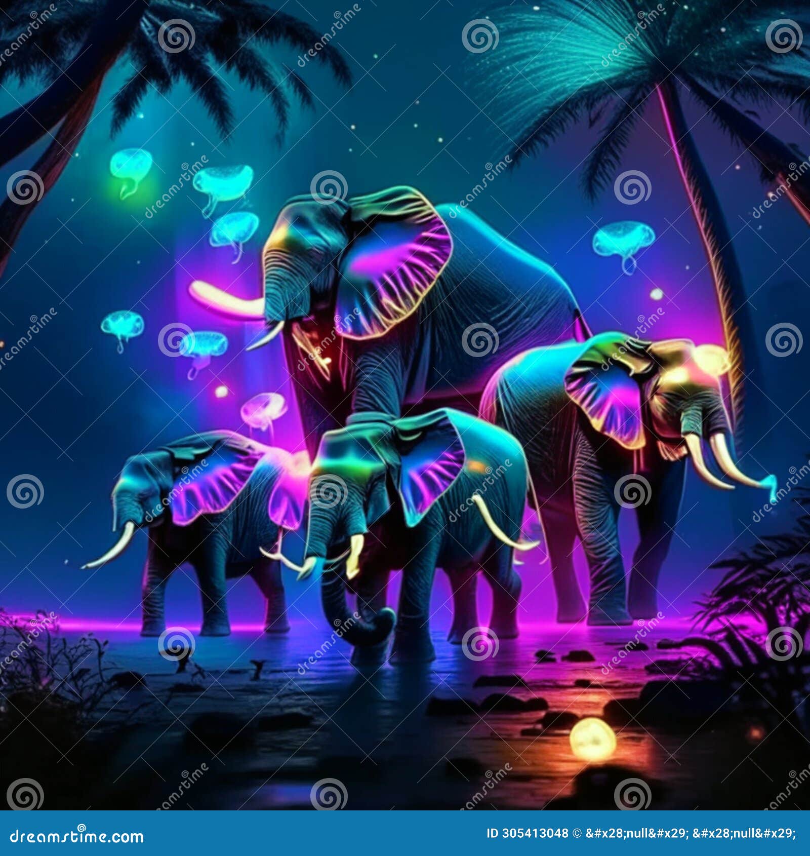 Elephants in Neon Light at Night. 3D Rendering Stock Illustration ...