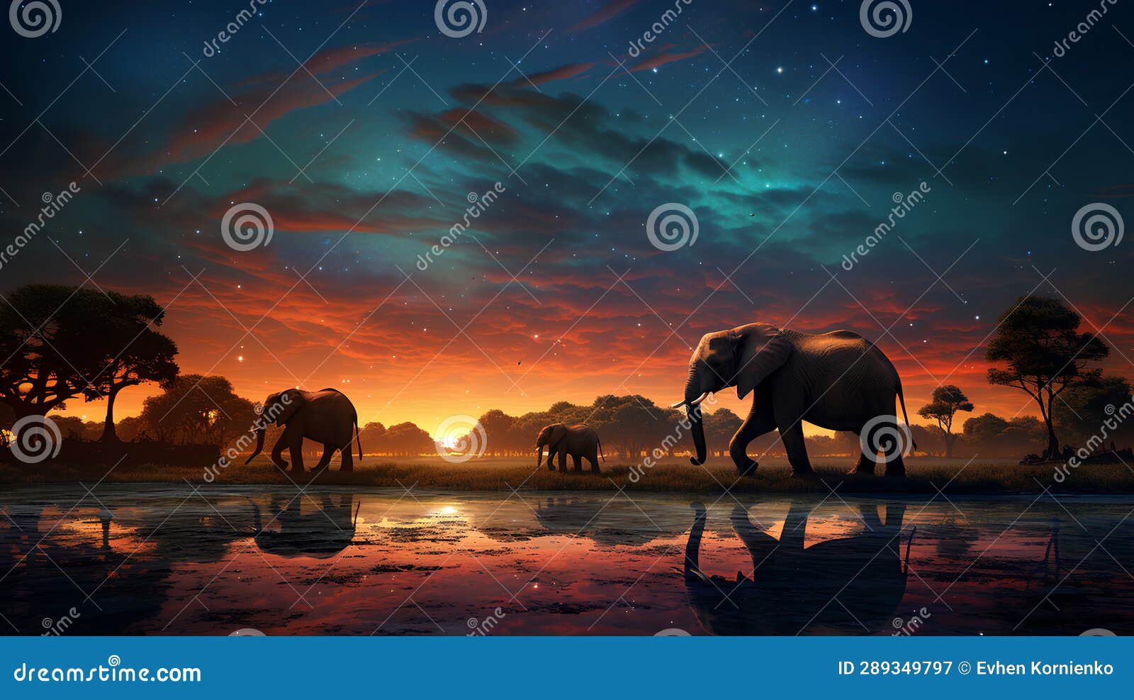 Elephants in the Starry Night Stock Illustration - Illustration of ...