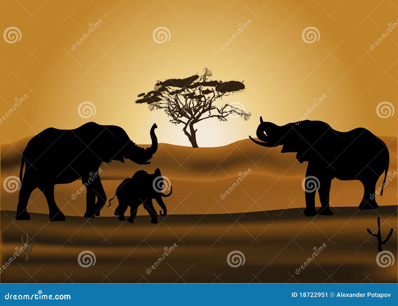 Elephants at Sunset Illustration Stock Vector - Illustration of scene ...