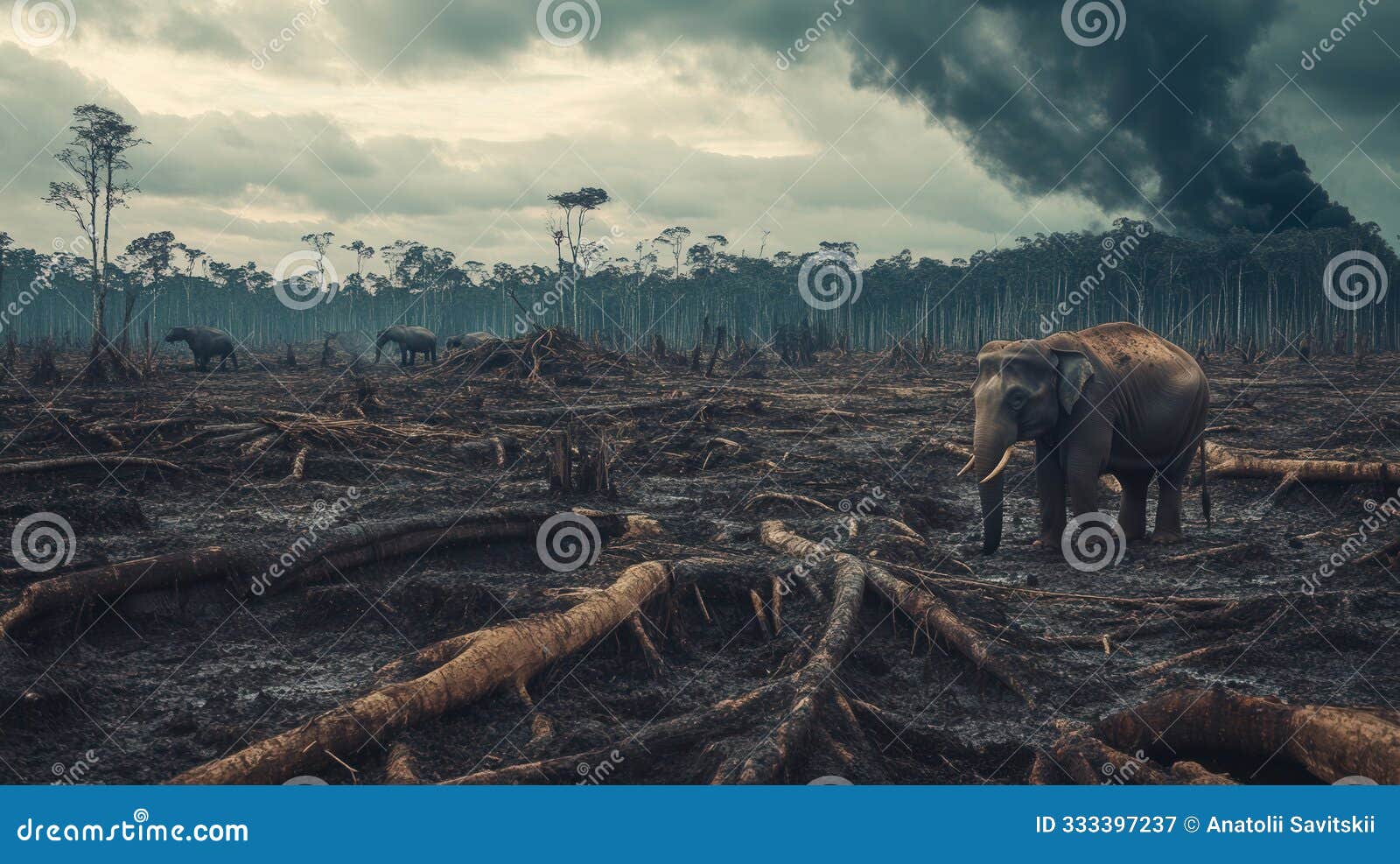 Elephants Wander through a Devastated Landscape, Showcasing the Stark ...
