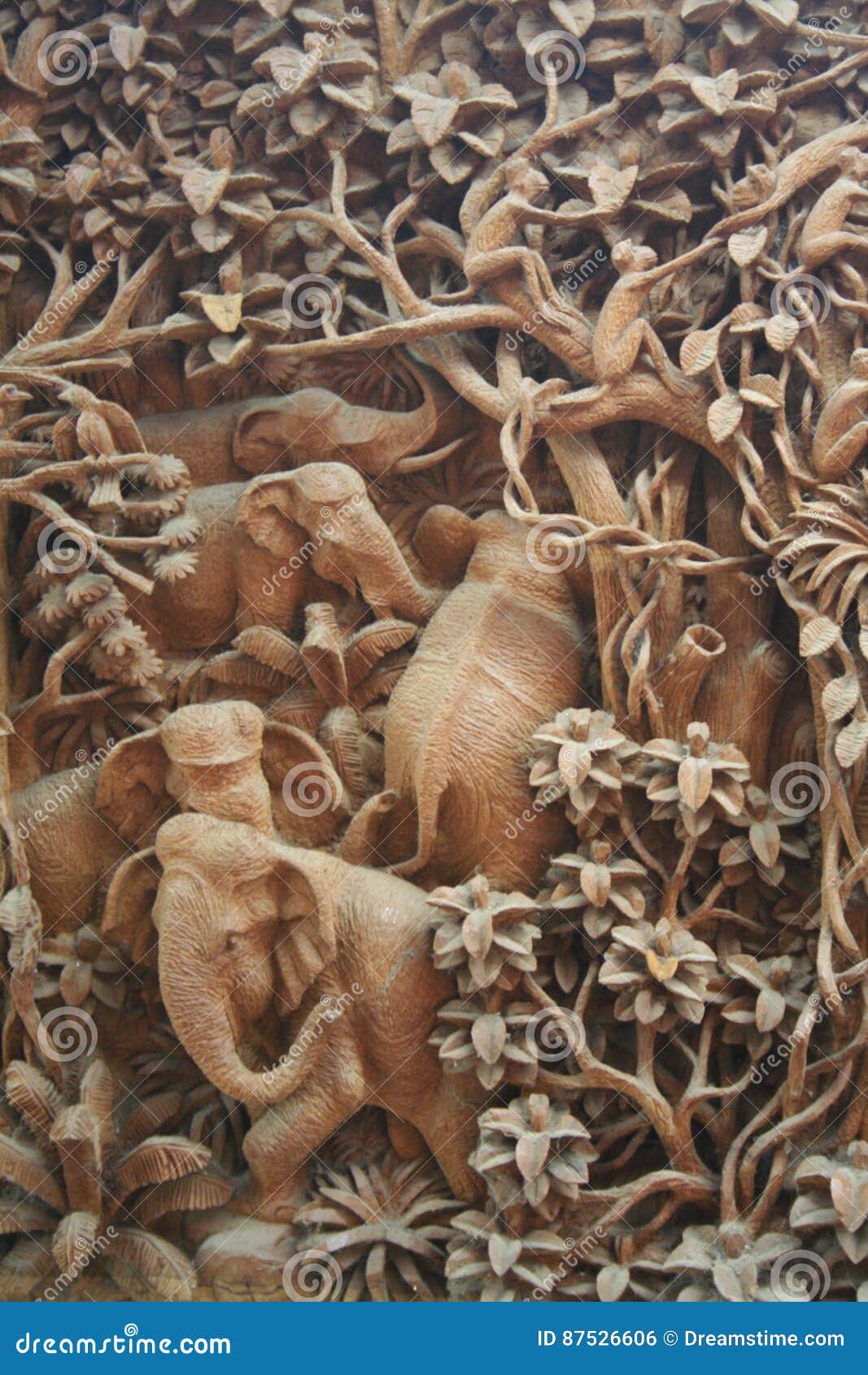 Elephants in the Wood - Woodcarving Stock Photo - Image of panel, wood ...