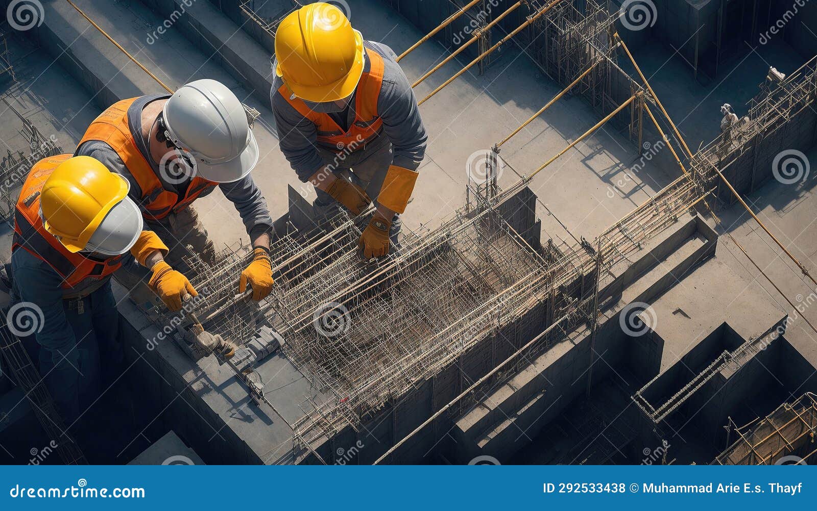 View From Above Of Construction Workers Wearing Masks And Safety ...
