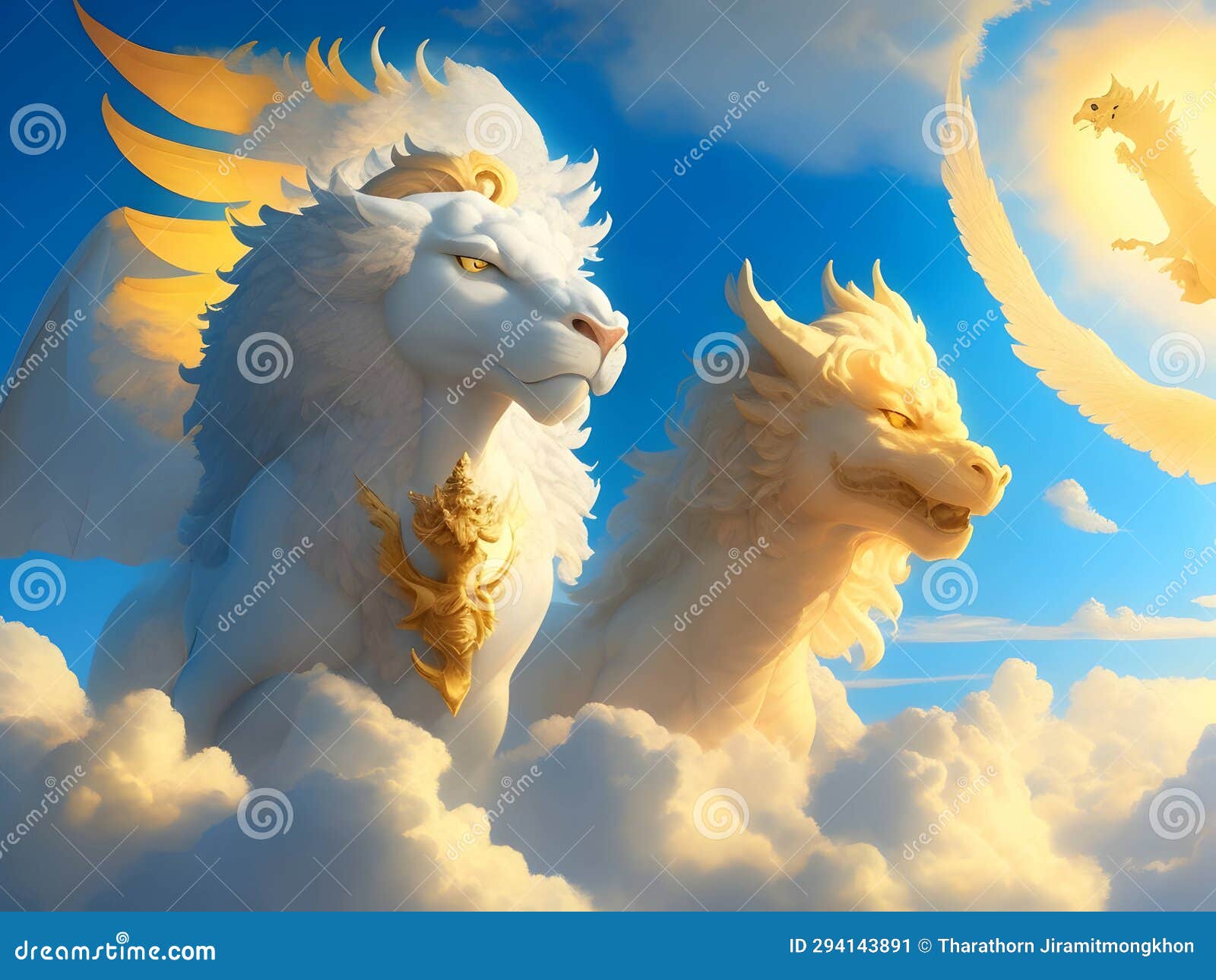 Skybound Legends: Griffin, Dragon, Clouds, and Sun Stock Illustration ...
