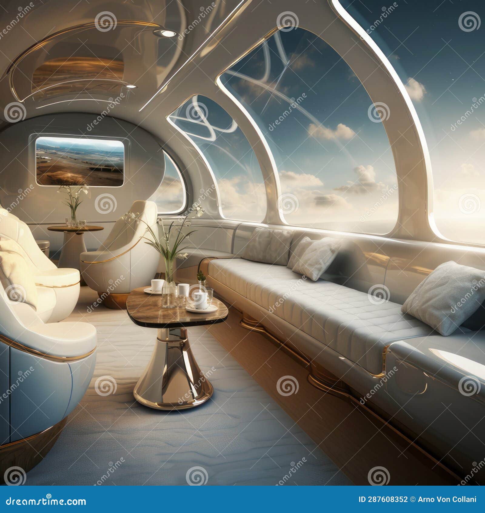 Elevated Elegance: Luxurious Modern Interior of a Blimp with Panoramic Views Stock Illustration ...