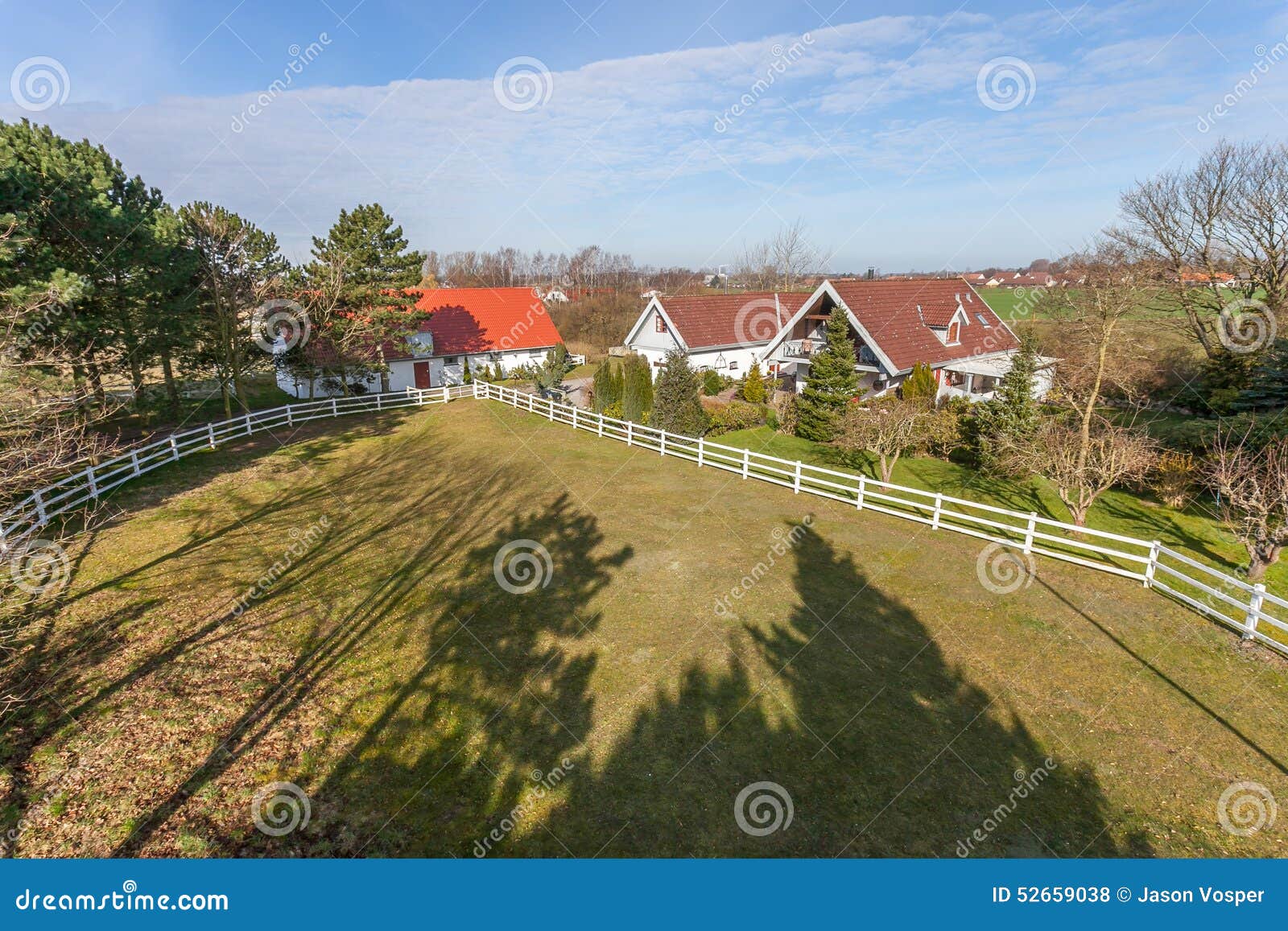 Elevated Farm House and Paddock Stock Photo - Image of structure, blue ...