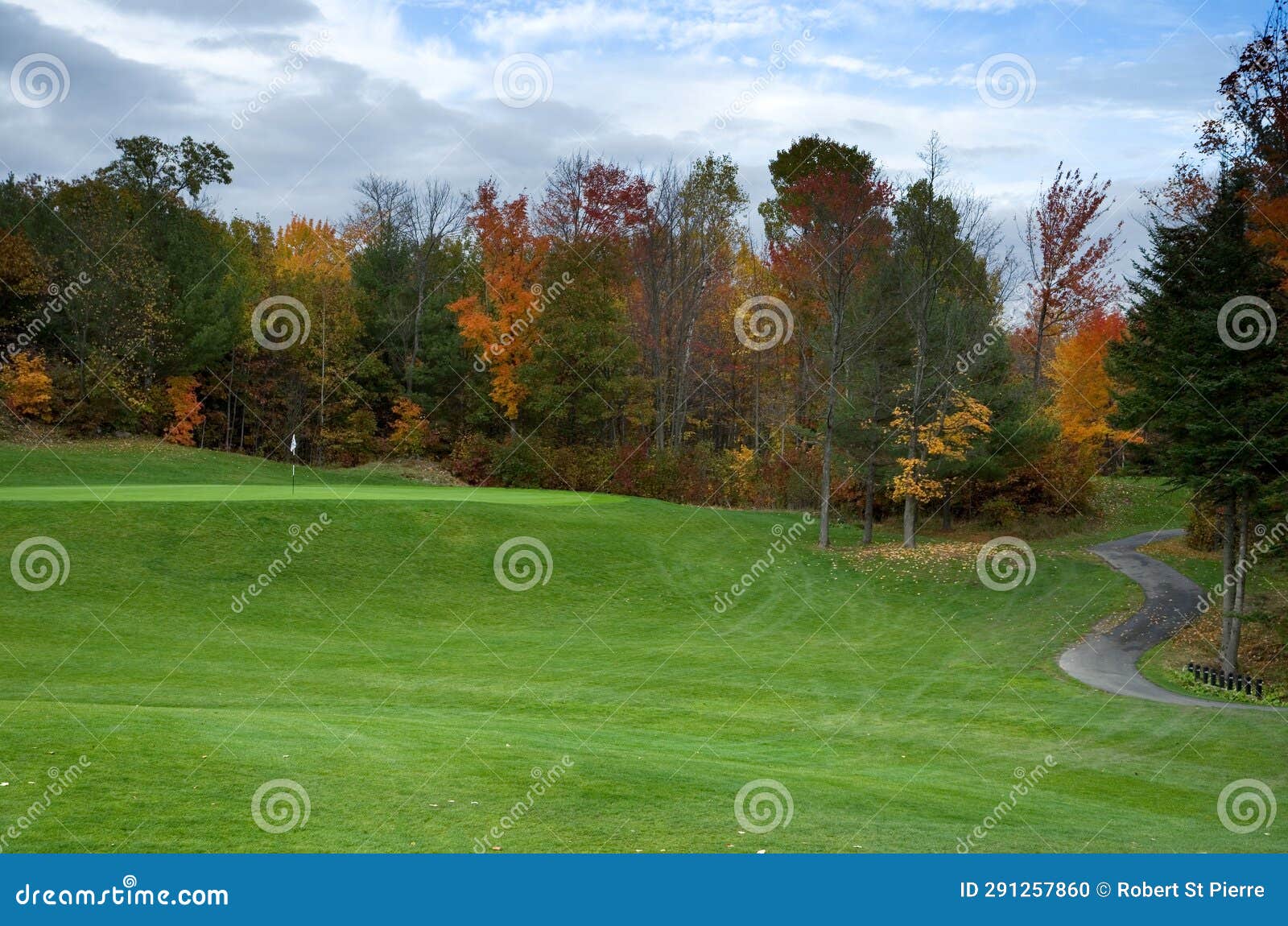 Elevated Golf Green and Flag in Fall Season Stock Photo - Image of ...