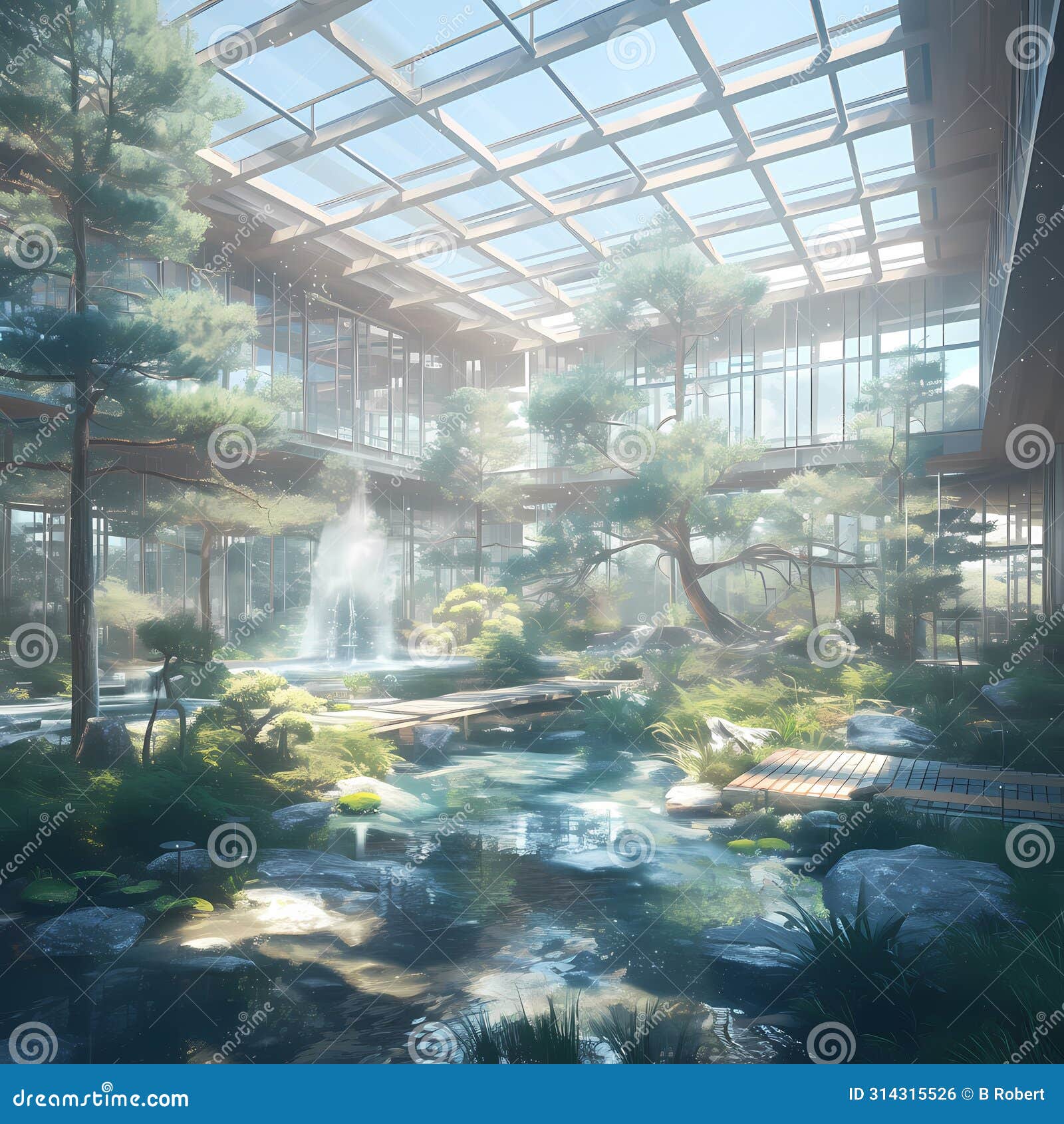 Elevated Office Sanctuary: Zen-Inspired Atrium Stock Illustration ...