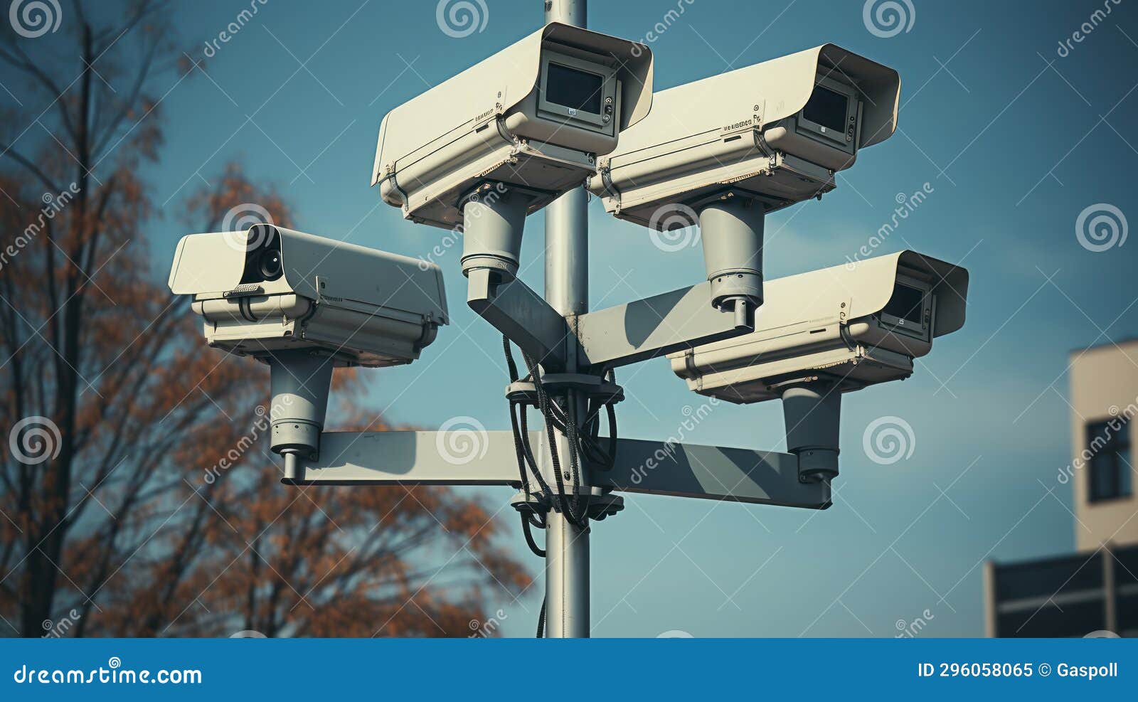 Elevated Oversight. Silent CCTV Cameras on Poles Against the Backdrop ...