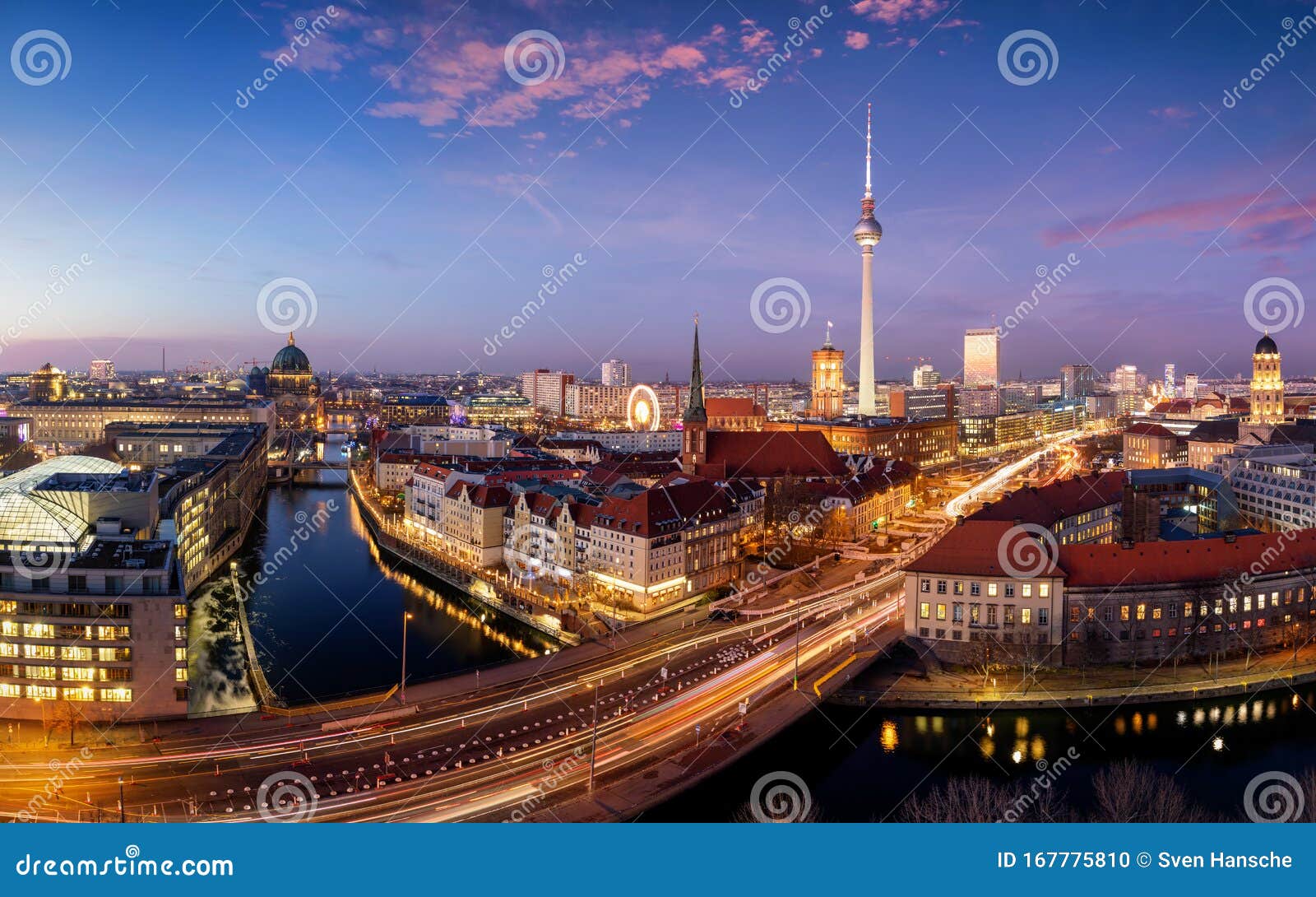 Elevated, Panoramic View of the Lit Skyline of Berlin, Germany, Just ...