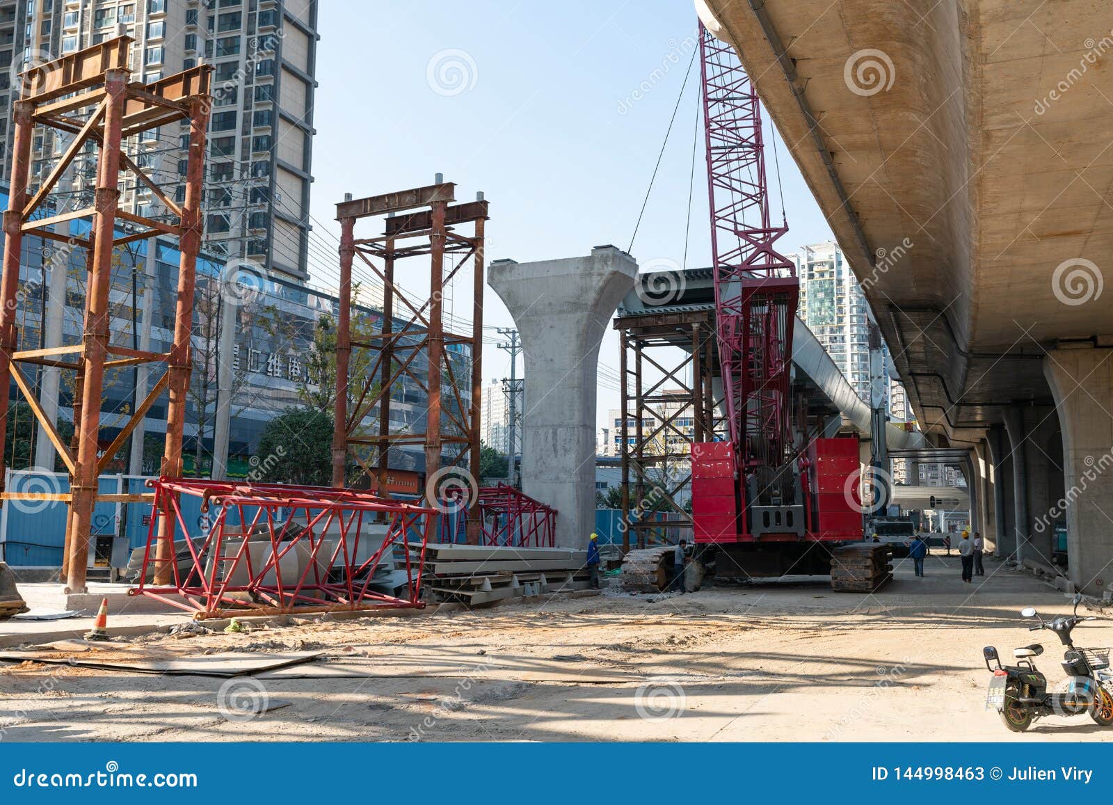 Elevated Road Construction with Building Site Machinery Installing the ...