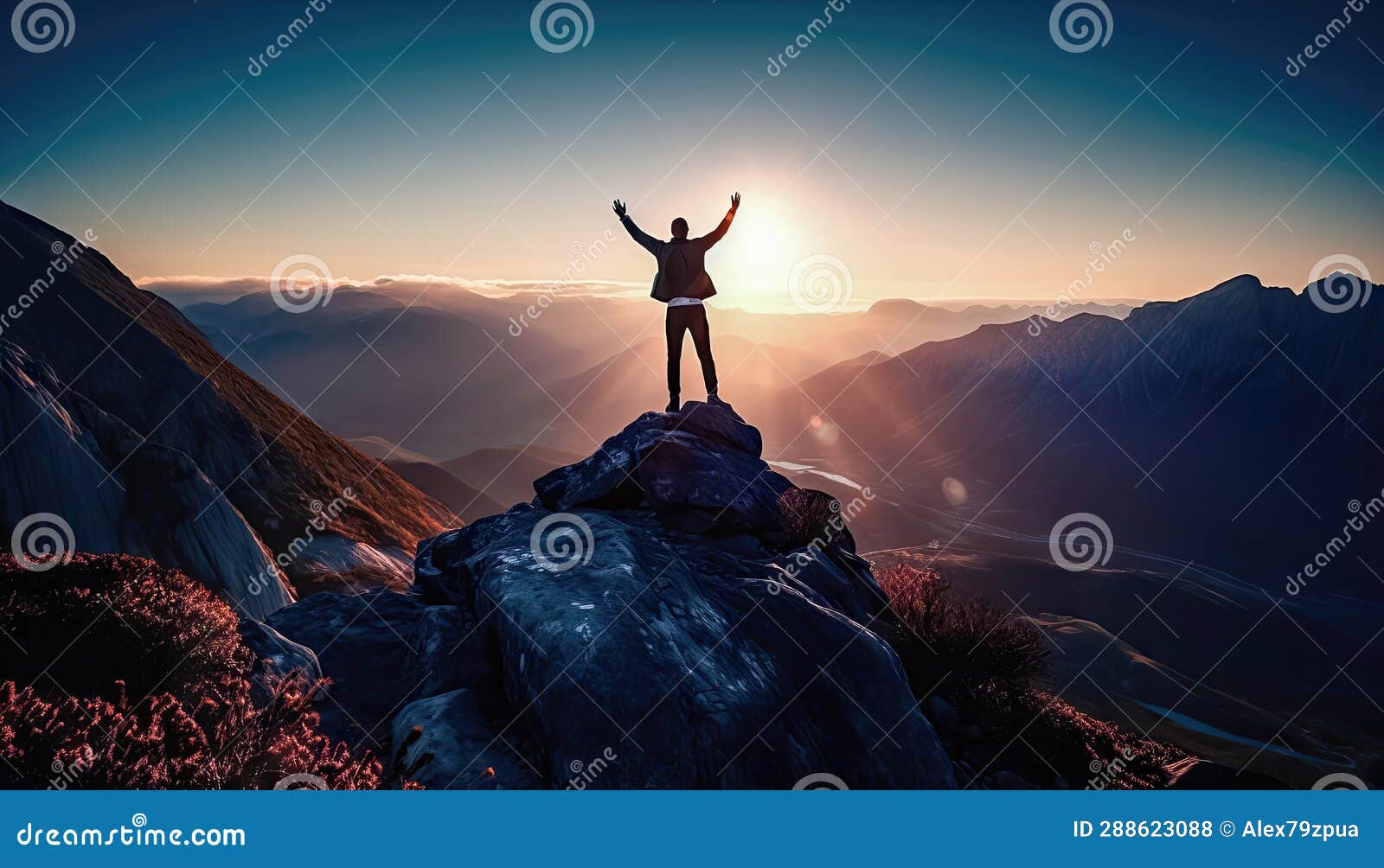 Elevated Success: Human Figure on Mountain Summit with Raised Hands ...