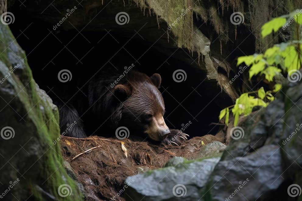 An Elevated View of a Bear Hibernating in a Cave Stock Photo - Image of animal, wildlife: 295237218