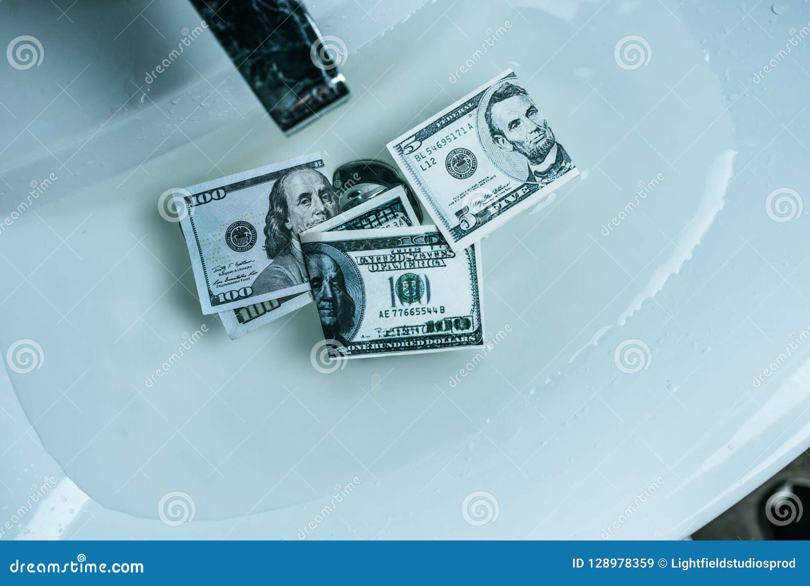 Elevated View of Dollar Banknotes in Water Stock Image - Image of sink ...