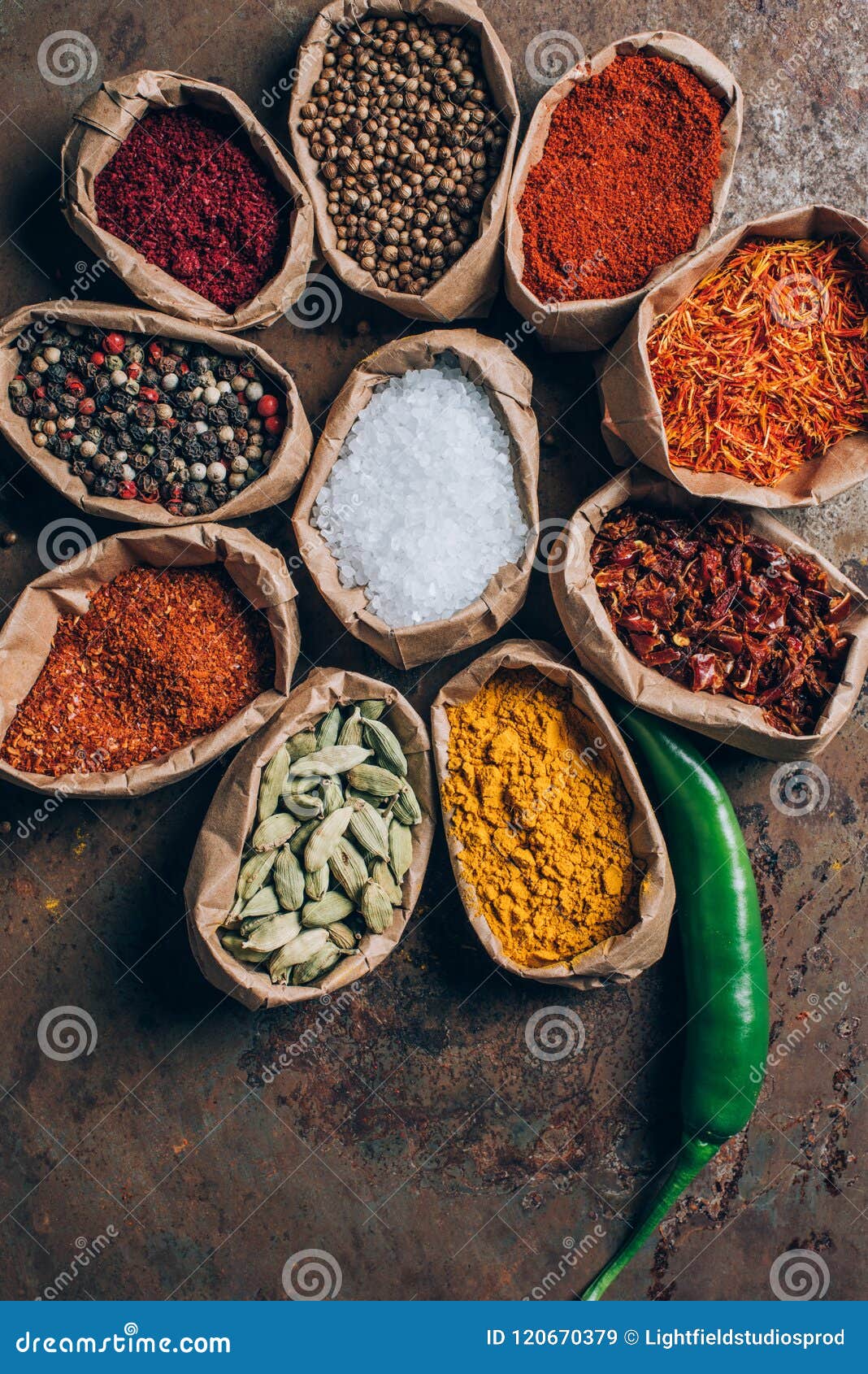 Elevated View of Indian Spices in Paper Bags Stock Image - Image of ...