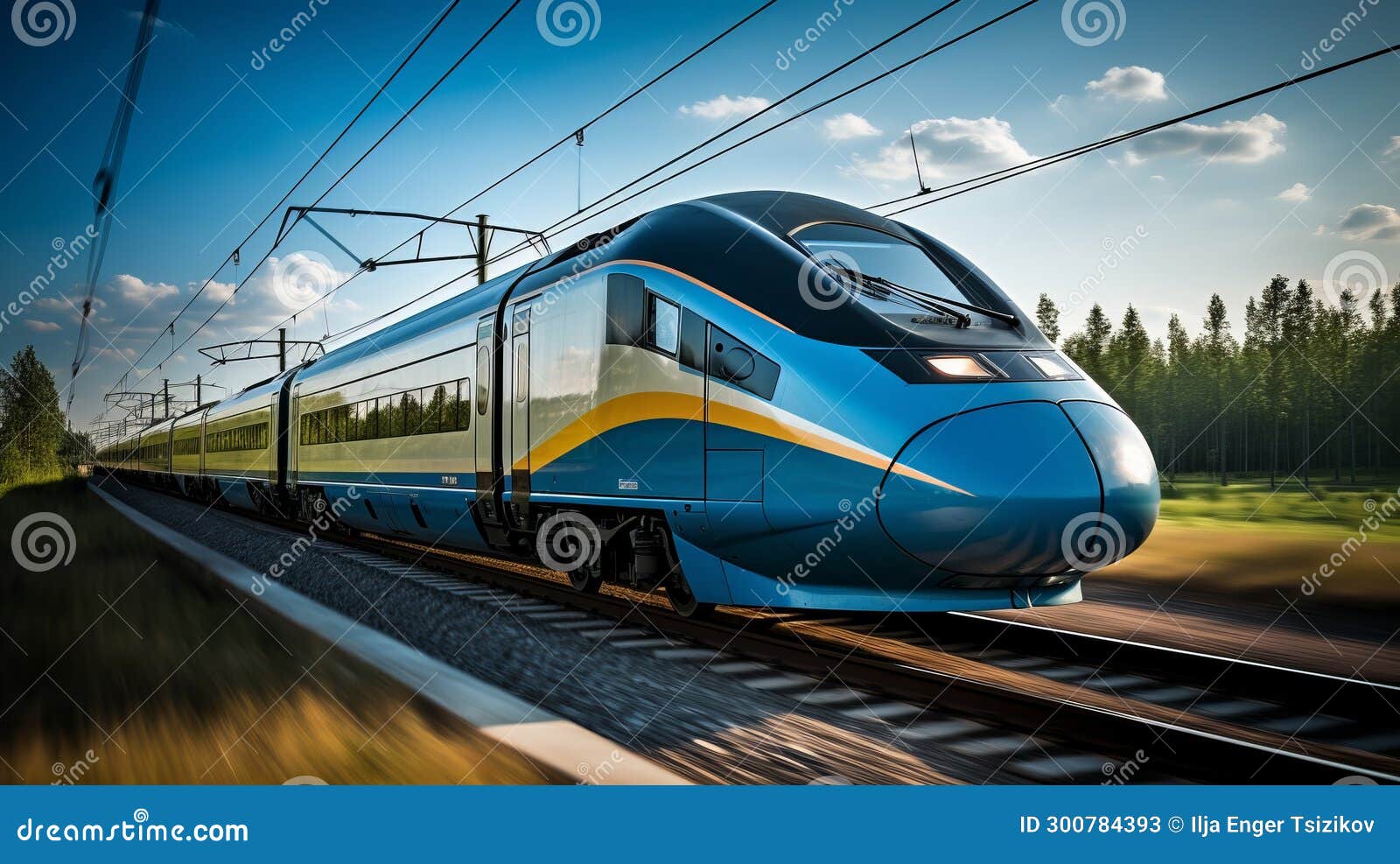 Elevated View of a Sleek High Speed Train Rushing Along the Tracks with ...