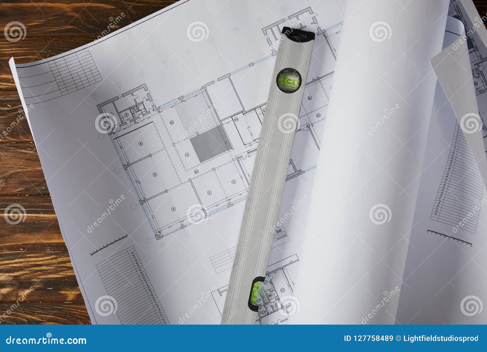 Elevated View of Spirit Level on Blueprint at Wooden Table Stock Image ...