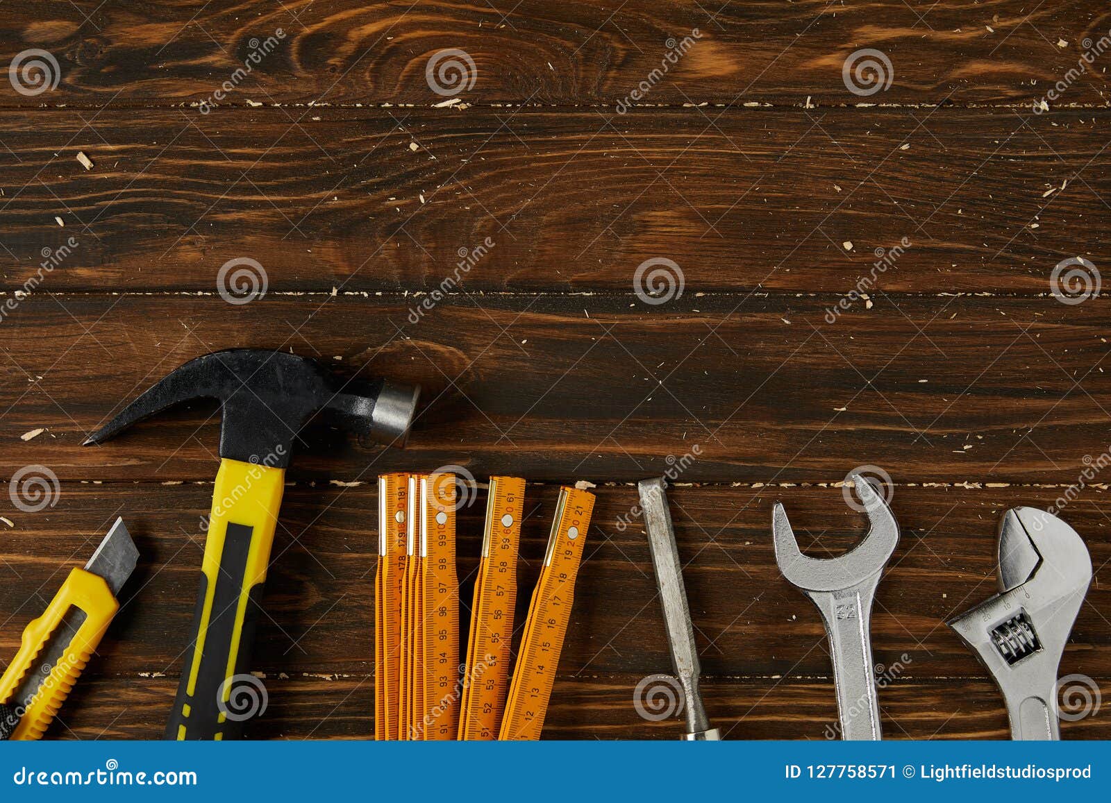 Elevated View of Stationery Knife, Hammer, Chisel, Adjustable Wrench ...