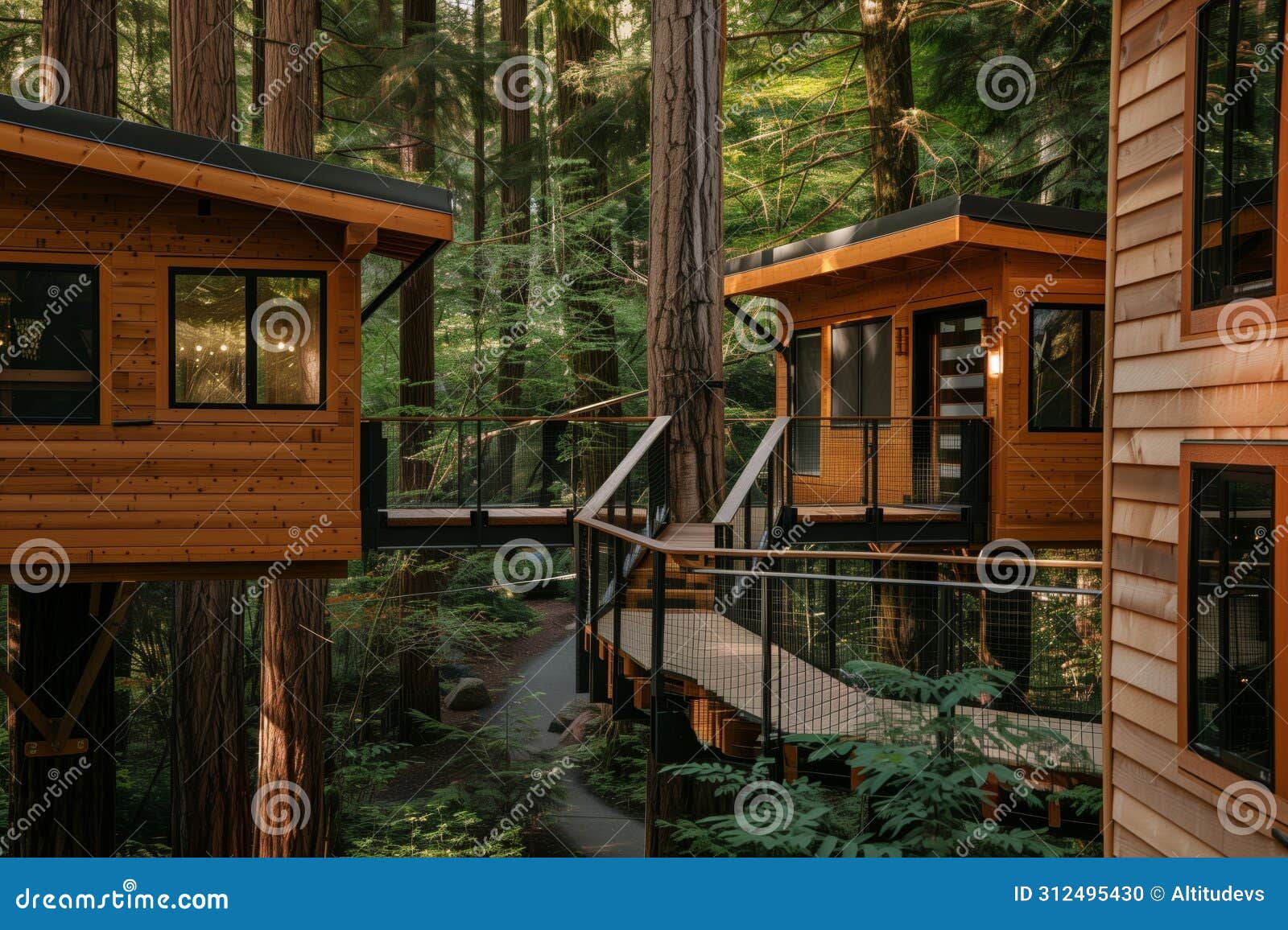 Elevated Walkway Connecting Two Treehouse Modules in the Forest Stock ...
