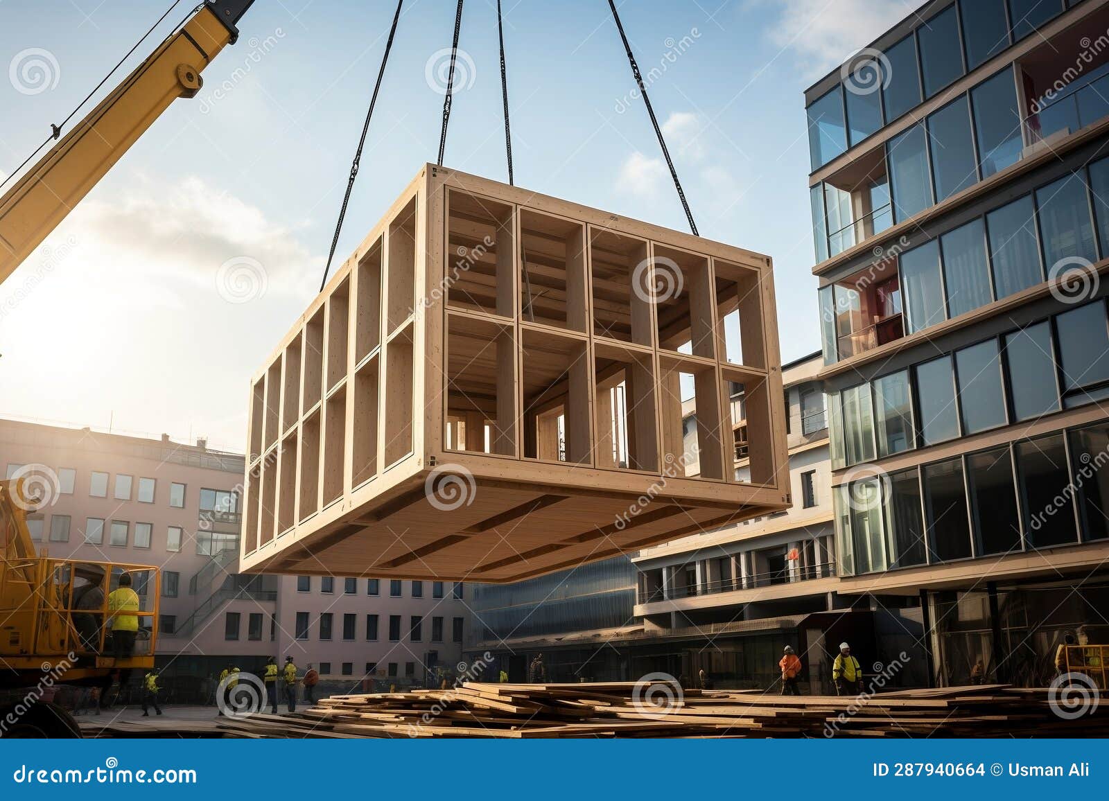 Elevating a Timber Building Module with a Crane. AI Stock Illustration ...