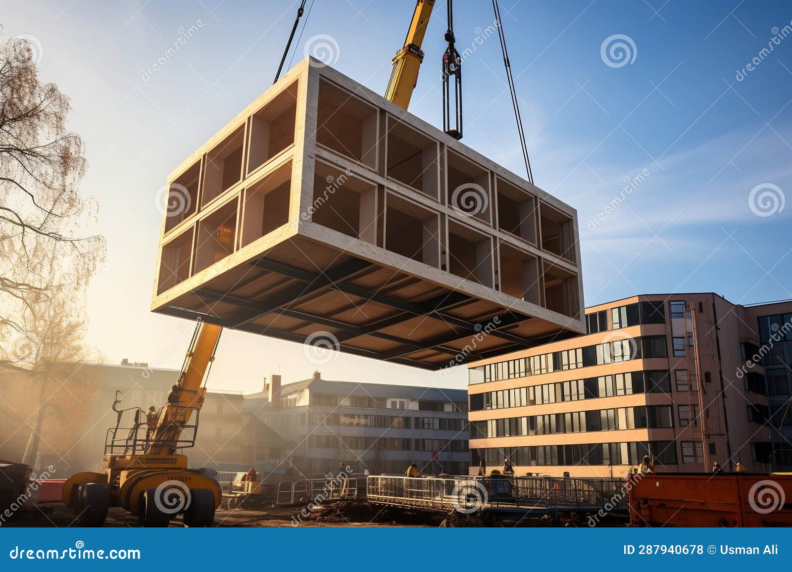 Elevating a Timber Building Module with a Crane. AI Stock Illustration ...
