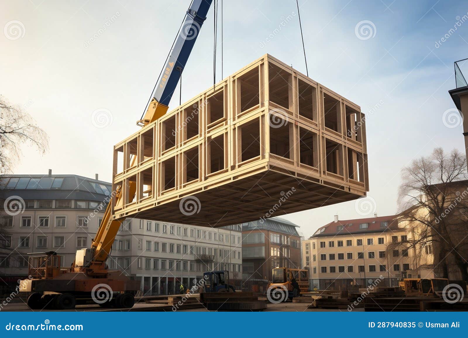 Elevating a Timber Building Module with a Crane. AI Stock Illustration ...
