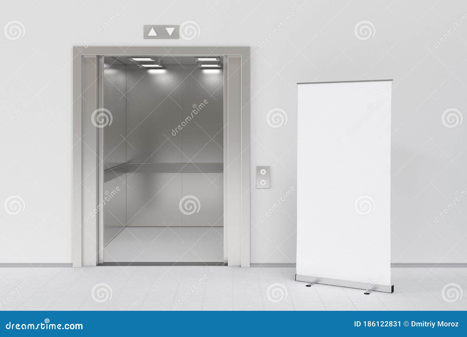Elevator and Blank Roll-up Banner in the Modern Office Lobby Stock ...