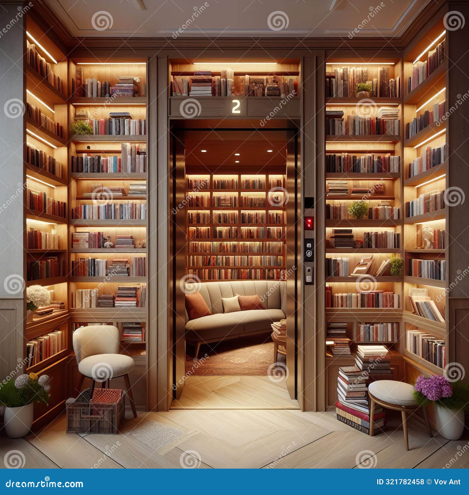 An Elevator Interior Transformed into a Cozy Library, with she Stock ...