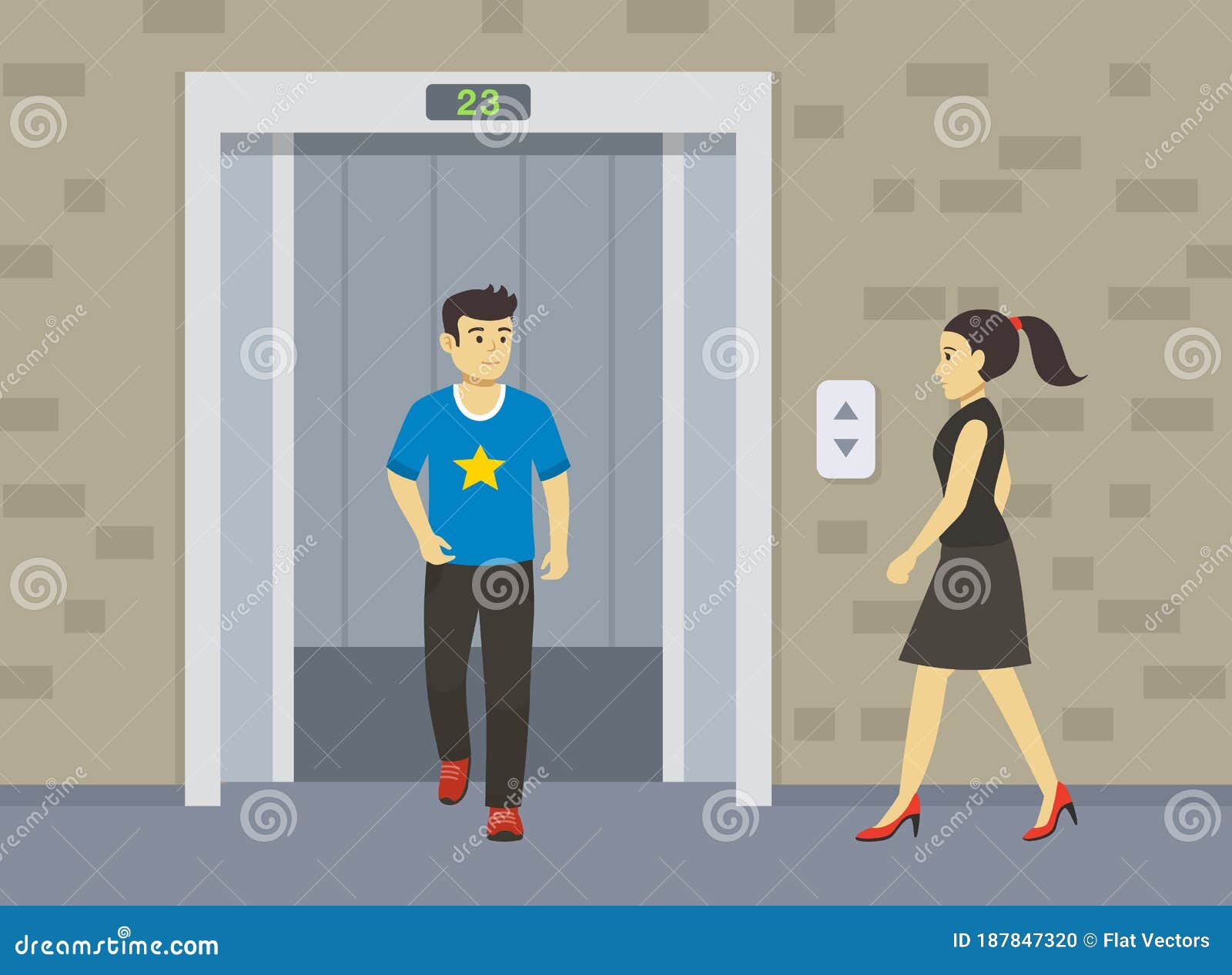 Elevator With Open Doors. Young Man Going Out The Lift. Vector ...