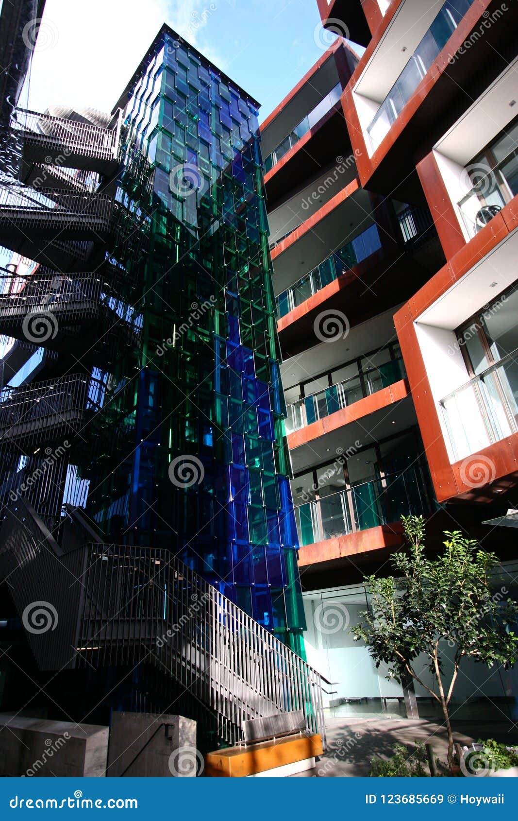 Modern Colorful Elevator Tower In Ironbank Internal Courtyard. Mixed ...