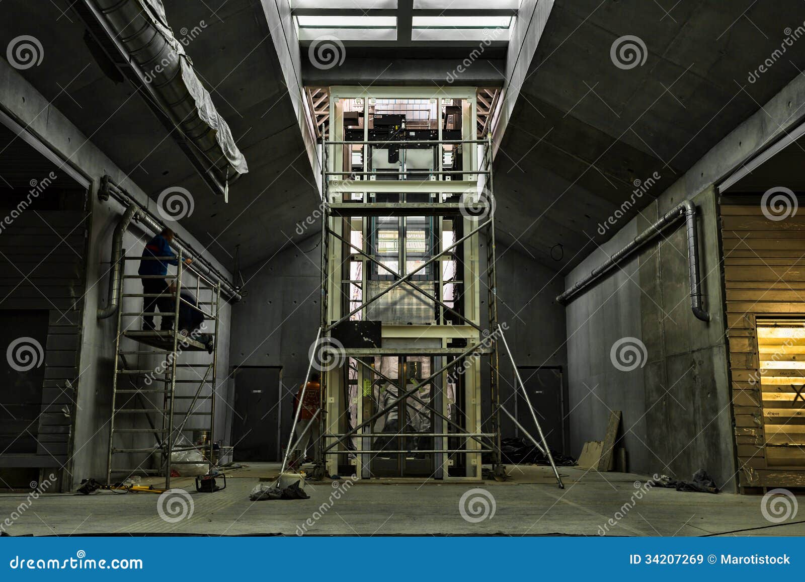 Elevator Under Maintenance. Broken Elevator In Open Lift Shaft. Out Of ...