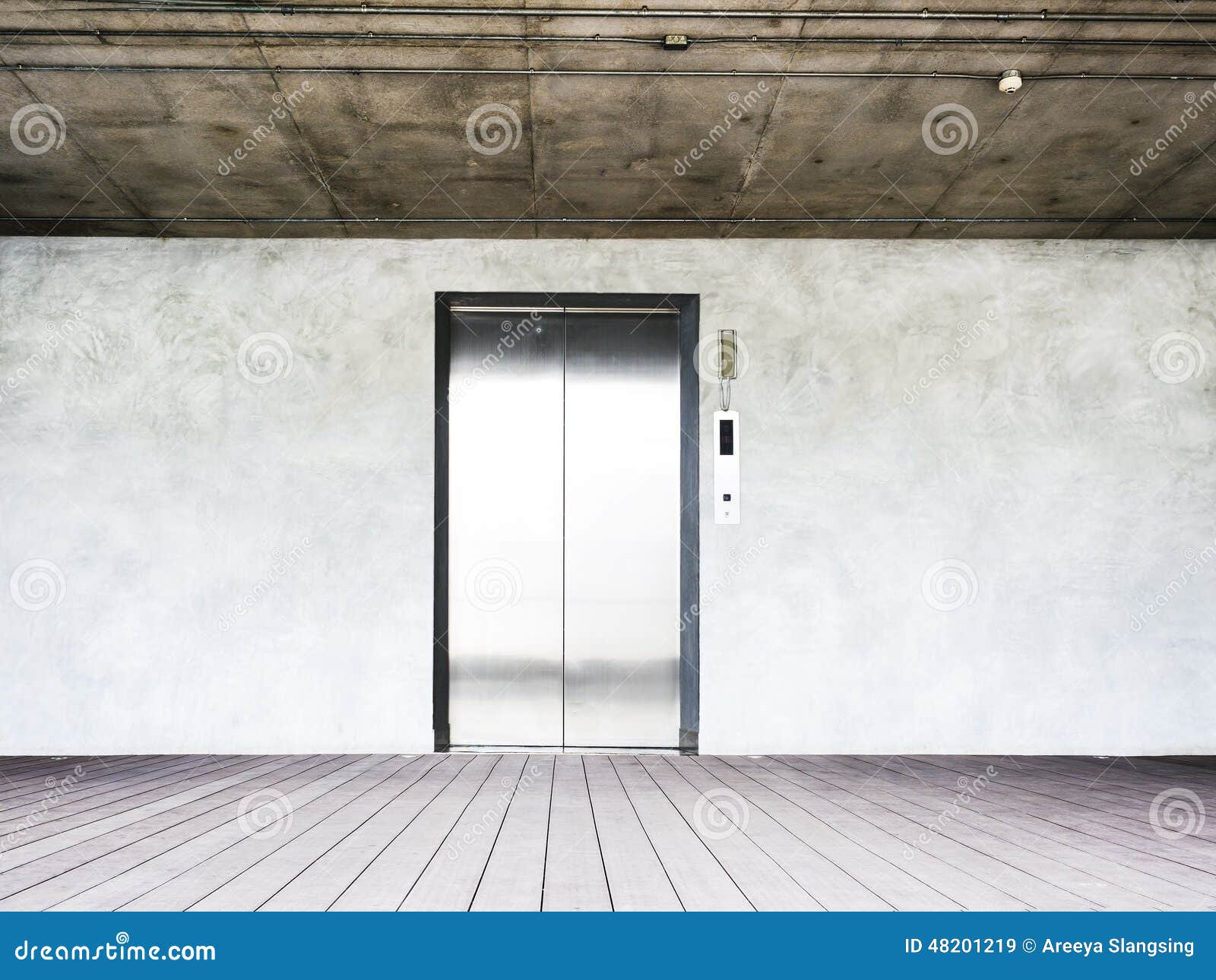 Elevator on Wooden Floor and Concrete Wall Stock Image - Image of ...