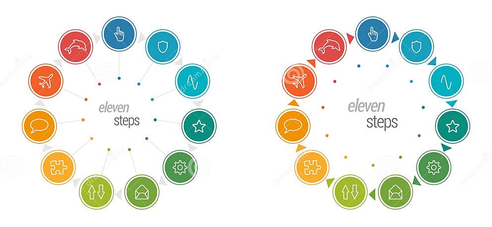 Eleven Circles Each Different Color, Connected with Triangle Arrows ...