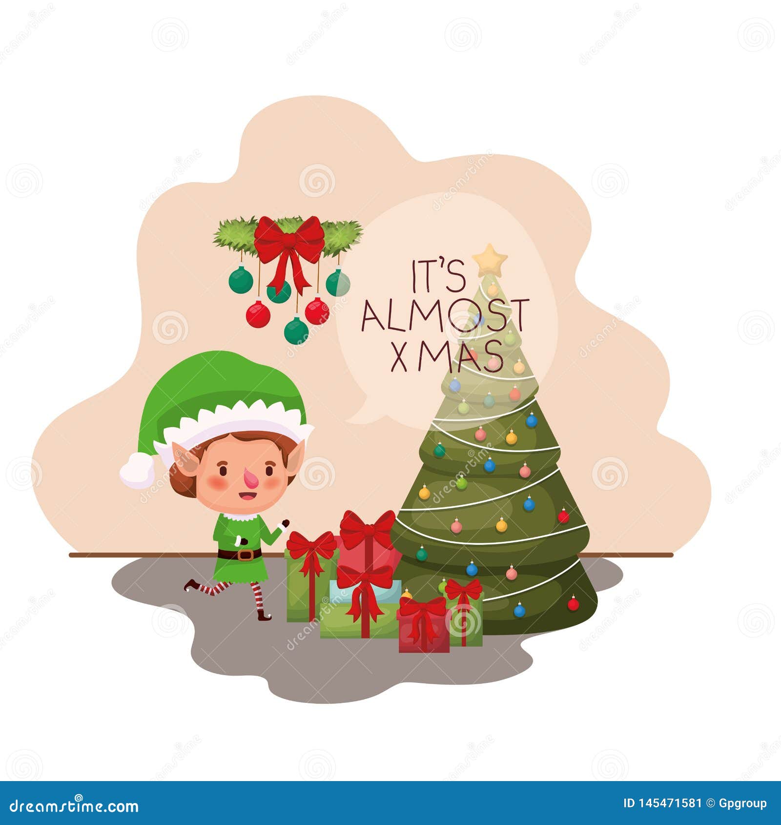 Elf with Christmas Tree and Gifts Stock Vector - Illustration of pine ...