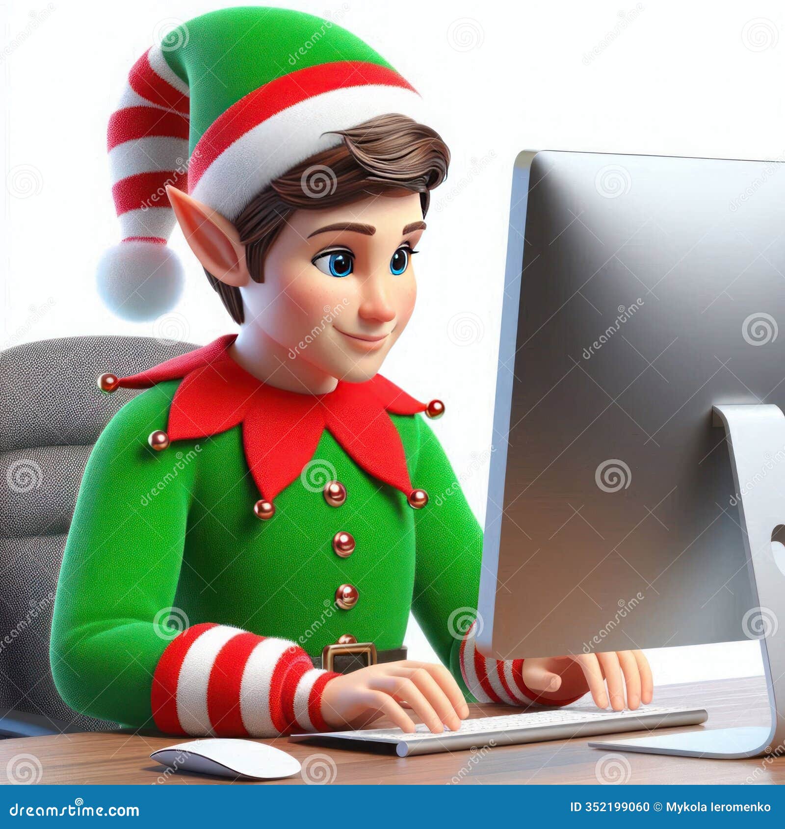 An Elf in Festive Clothes is Working at a Computer. Stock Photo - Image ...