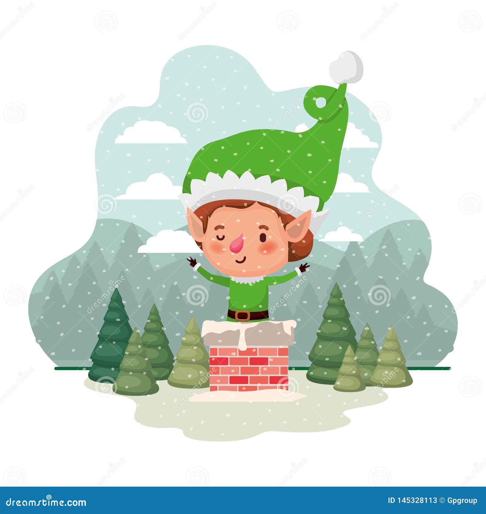 Elf with Fireplace and Christmas Trees with Falling Snow Stock Vector ...