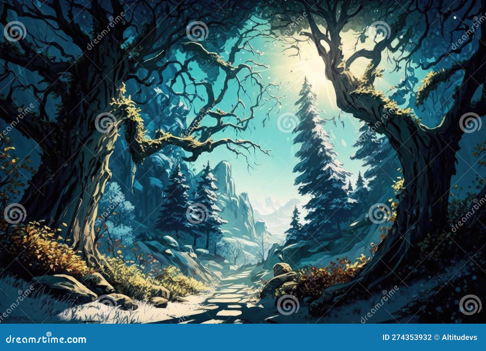 Elf Forest with Clear Blue Sky and Bright Sun Shining through the Trees ...