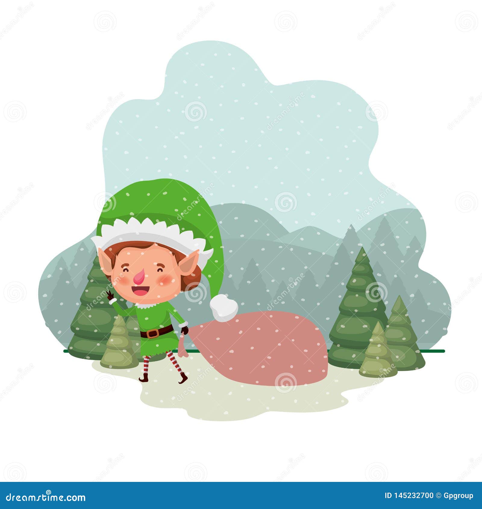 Elf with Gift Bag and Christmas Trees with Falling Snow Stock Vector ...
