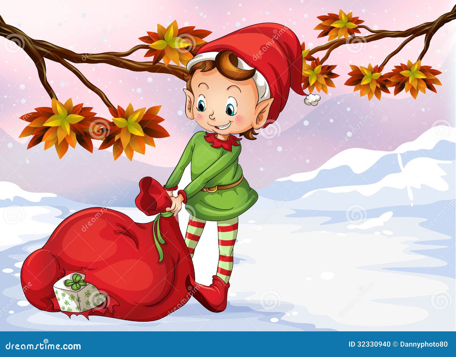 An Elf Holding a Bag of Gifts Stock Vector - Illustration of male ...