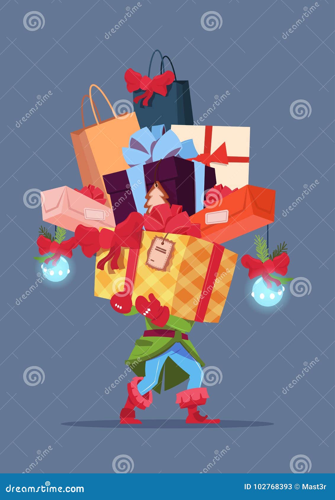 Elf Holding Gift Boxes Stack Over Gray Background Christmas Holiday ...