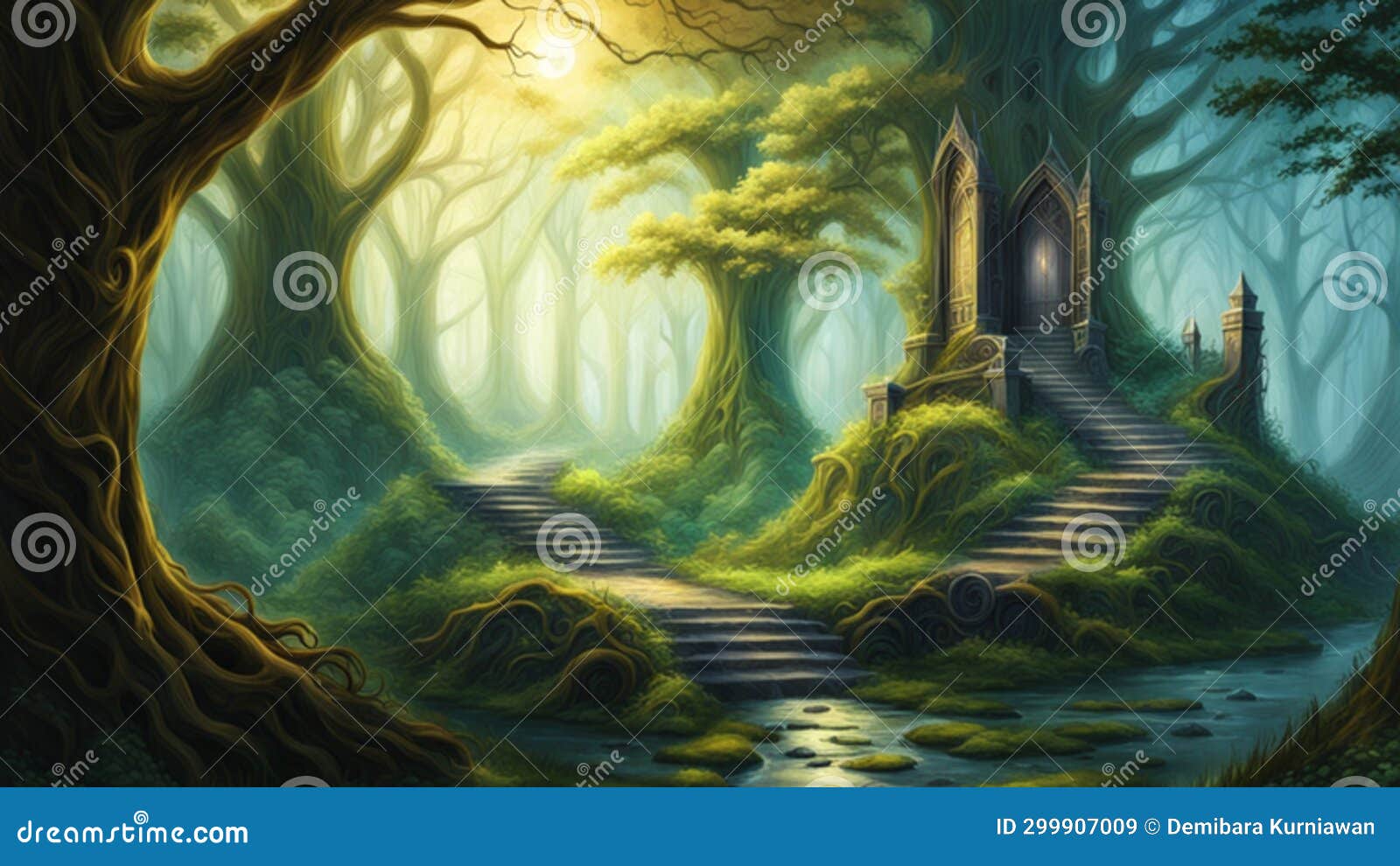 Elf House in a Tree in a Misty Fantasy Forest Stock Illustration ...