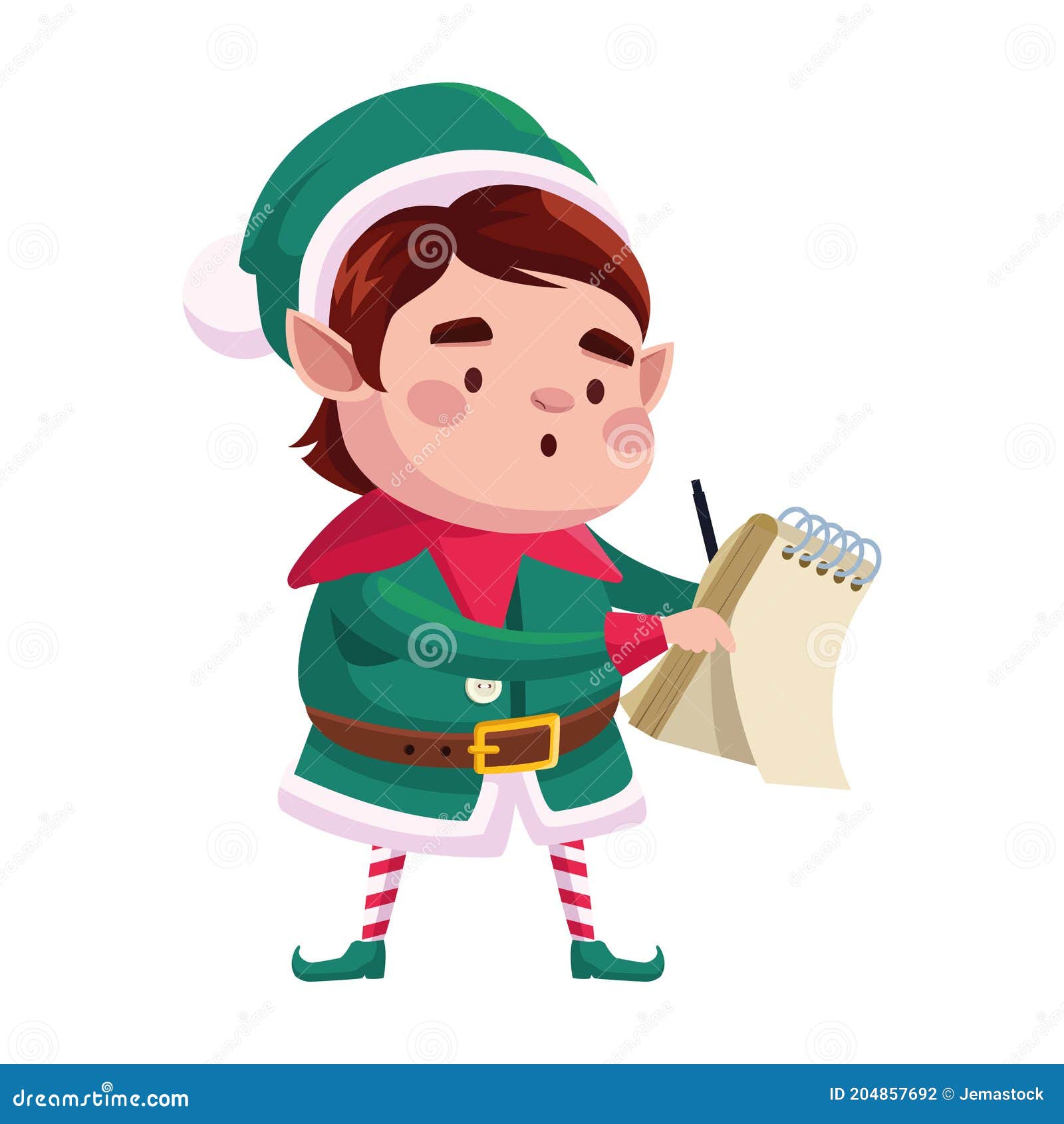 Elf Santa Helper Writing in Notebook Comic Character Stock Illustration ...