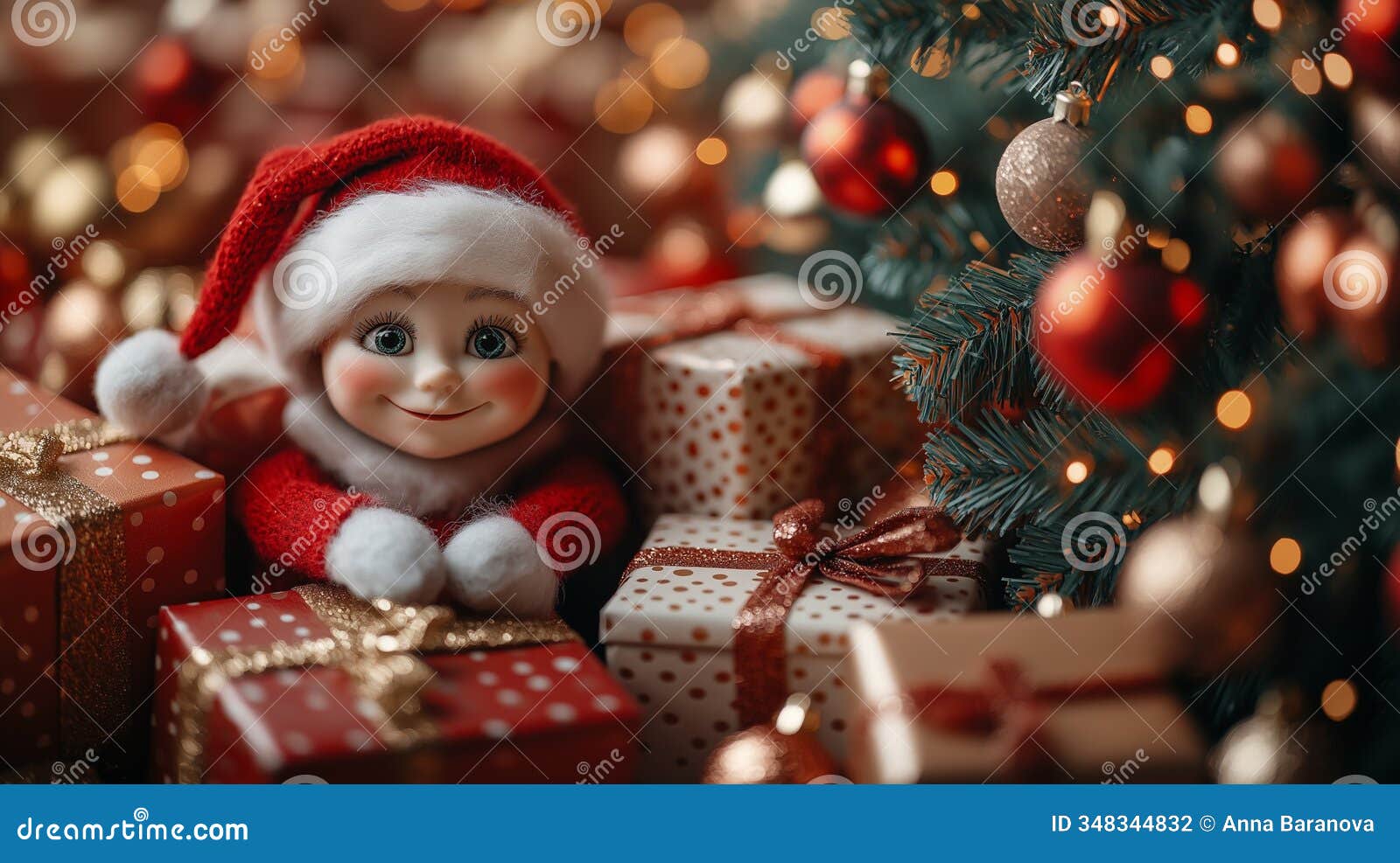 Elf on the Shelf Peeking Out from a Stack of Wrapped Christmas Presents ...