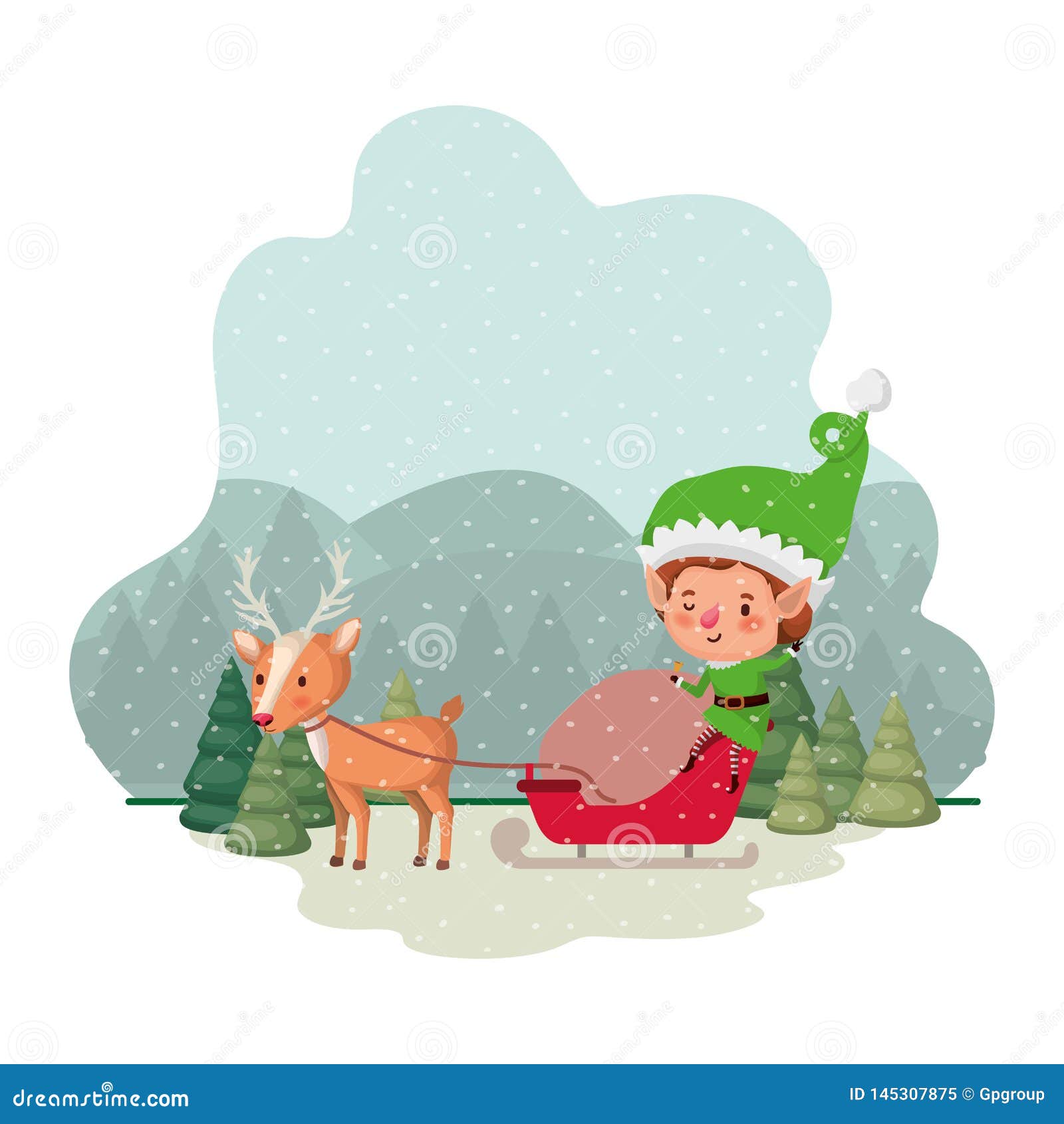 Elf with Sleigh and Christmas Trees with Falling Snow Stock Vector ...