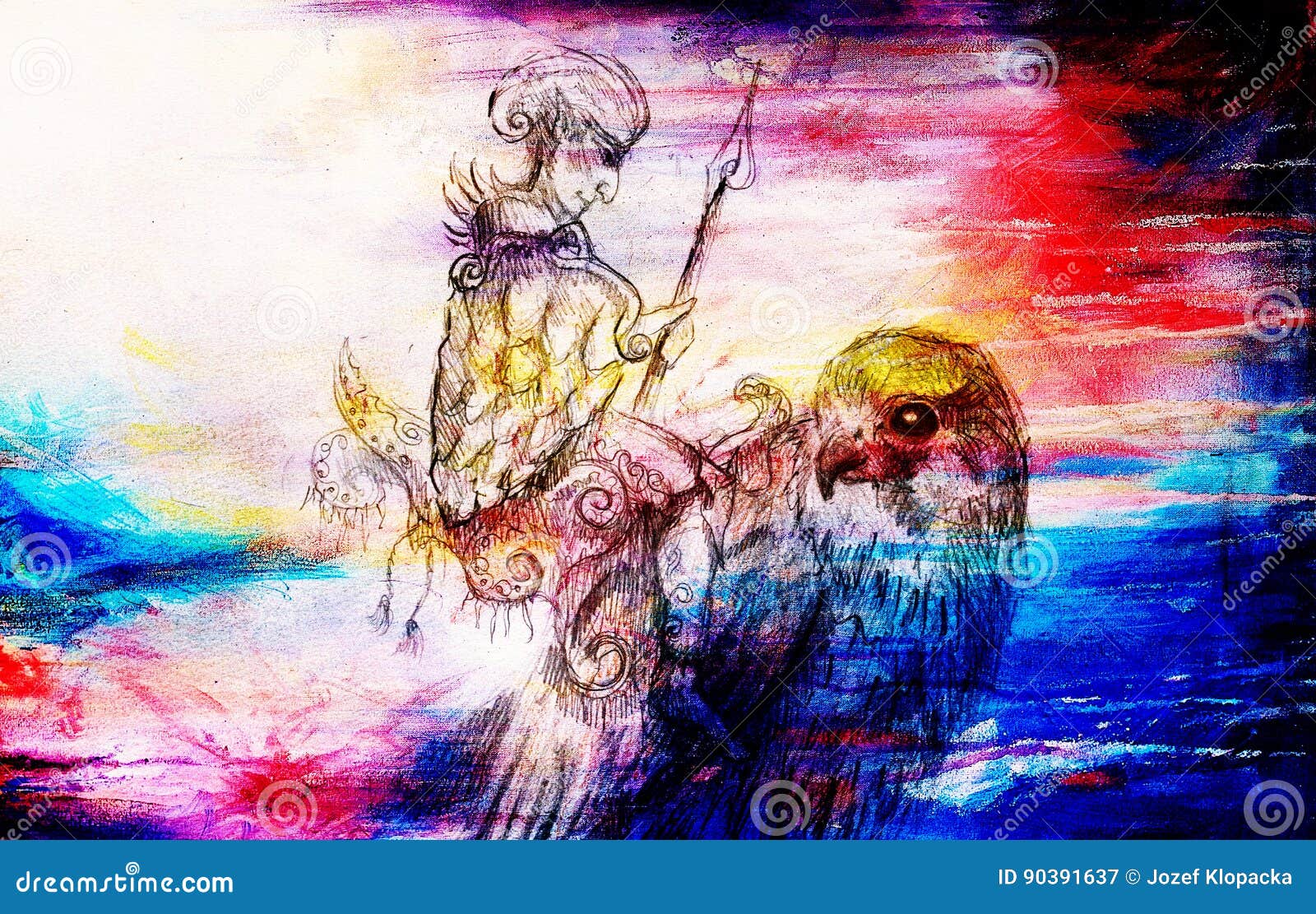 Elf Warrior On Hawk. Pencil Drawing On Old Paper. Royalty-Free Stock ...