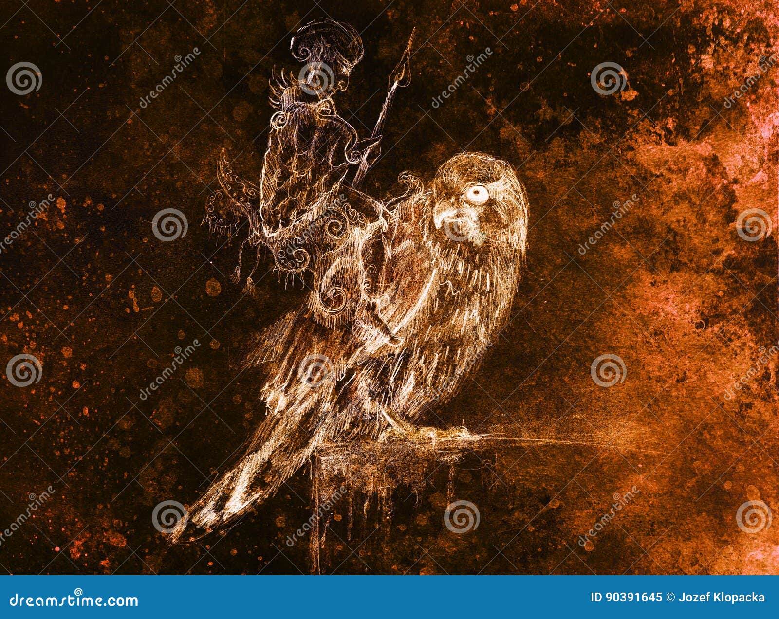 Elf Warrior on Hawk. Pencil Drawing on Old Paper. Color Effect. Stock ...