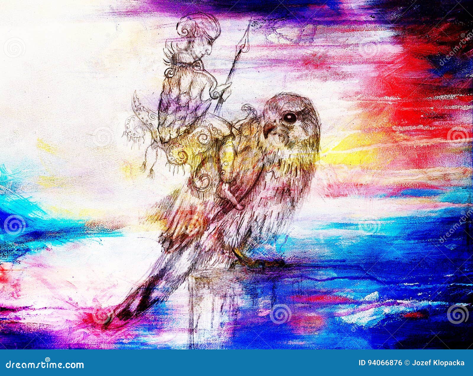 Elf Warrior On Hawk. Pencil Drawing On Old Paper. Color Effect. Royalty ...