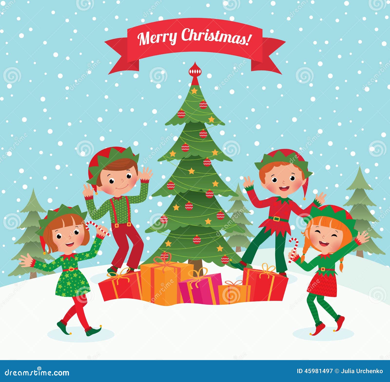 Elfi ed albero di Natale illustrazione vettoriale. Illustrazione di ...