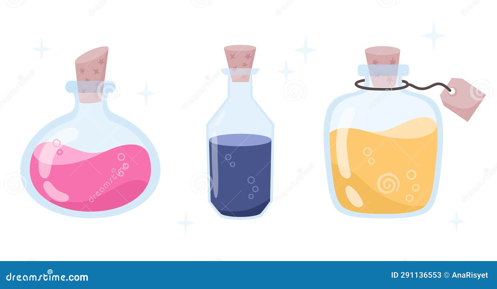 Elixir, Potions Bottles in Cartoon Flat Style. Set of Bottles with ...